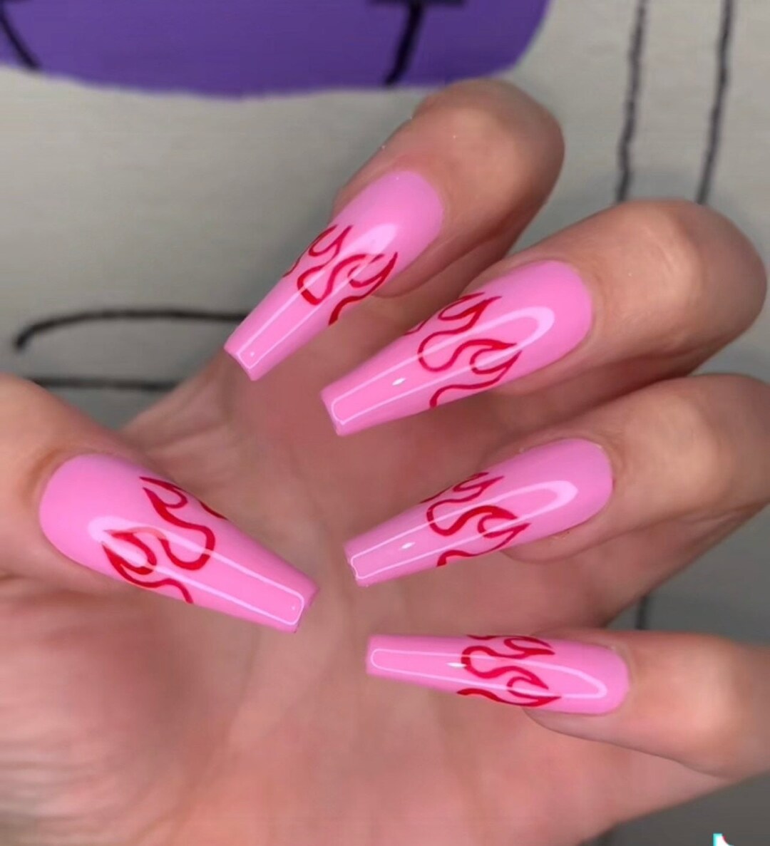 Pink and Red Flame Nails - Etsy