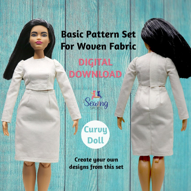 Learn to Sew Doll Clothes, Curvy Barbie Sewing Patterns, Basic Pattern Set for Woven Fabric, PDF ...