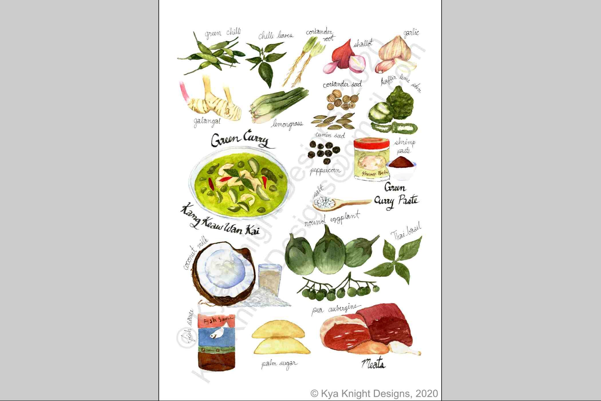Thai Green Curry - Watercolour Painting of Recipe Ingredients, 2 ...