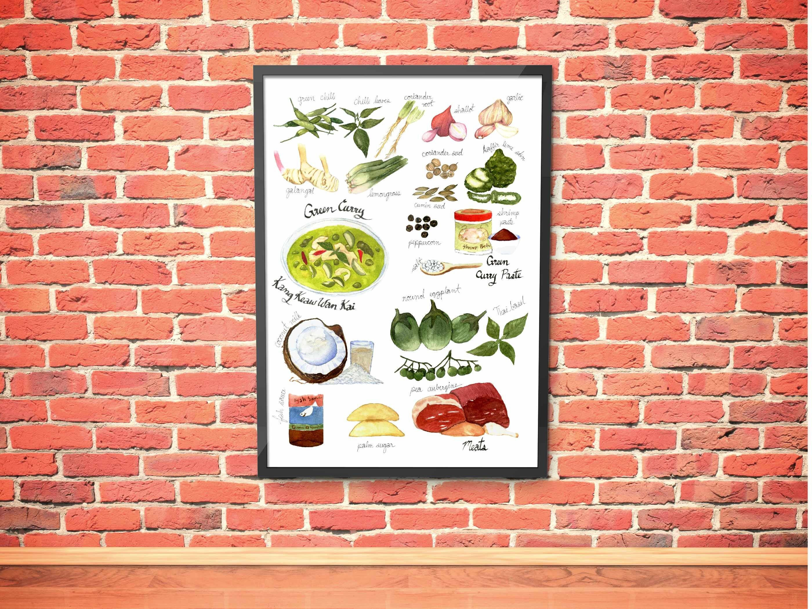 Thai Green Curry - Watercolour Painting of Recipe Ingredients, 2 ...