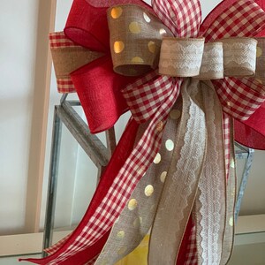 Rustic Red Bow, Farmhouse Bow, Wreath Bow, Large Bow. Red and Tan Bow ...