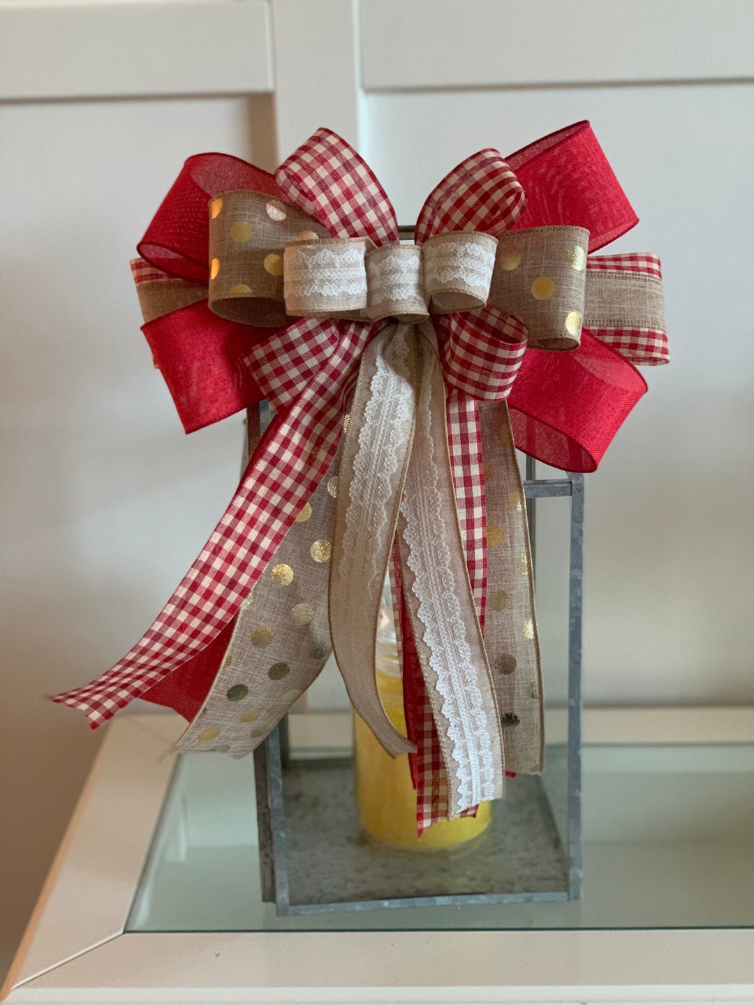 Rustic Red Bow, Farmhouse Bow, Wreath Bow, Large Bow. Red and Tan Bow ...