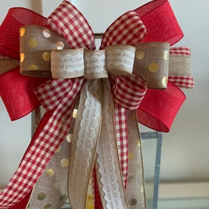 Rustic Red Bow, Farmhouse Bow, Wreath Bow, Large Bow. Red and Tan Bow ...