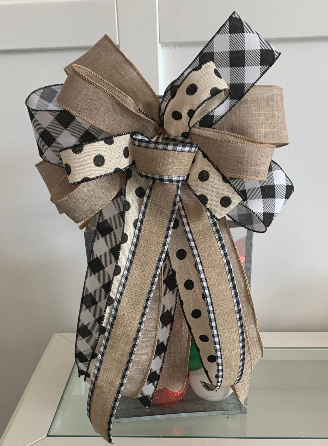 Natural Bow, Farmhouse Bow, Wreath Bow, Large Bow, Cream and Black Bow ...