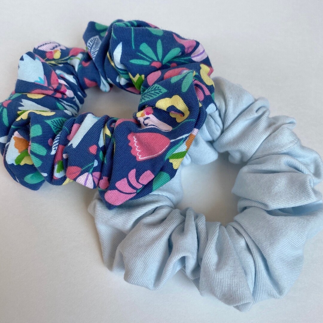 Blue & Floral Hair Scrunchies; Pale Blue Knit Scrunchie, Flower ...