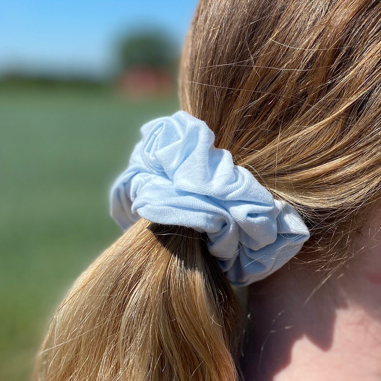 Blue & Floral Hair Scrunchies; Pale Blue Knit Scrunchie, Flower ...