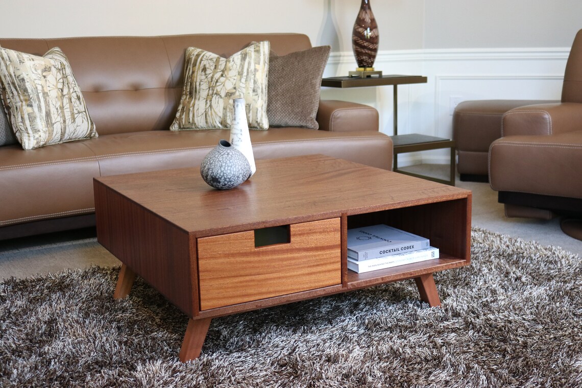 Mahogany Wood Square Coffee Table, Wood Coffee Table With Storage, Mid ...