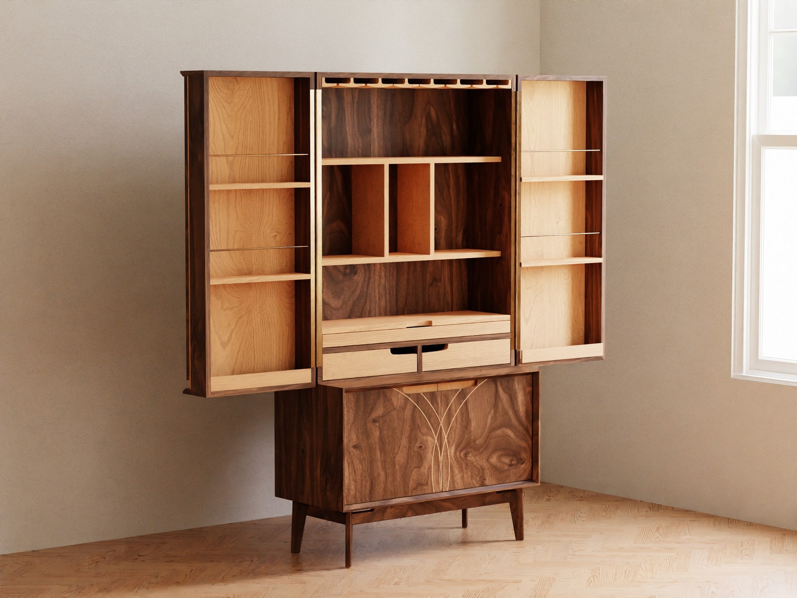 Handmade Mid-century Modern Walnut Bar Cabinet With Wine Storage - Etsy