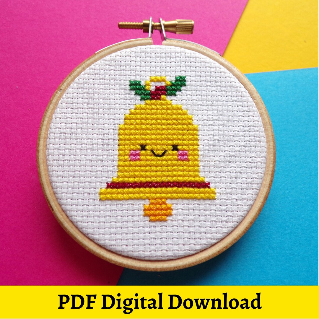Kawaii Christmas Bell Mini Cross Stitch Design, Bell Cross Stitch, Xmas ...