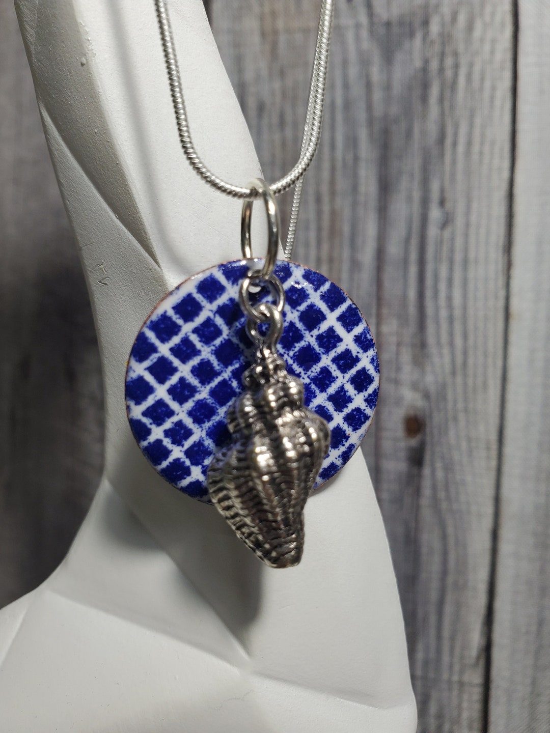 Handmade Beachy Blue and White Checkered Torch-fired Enamel Pendant ...