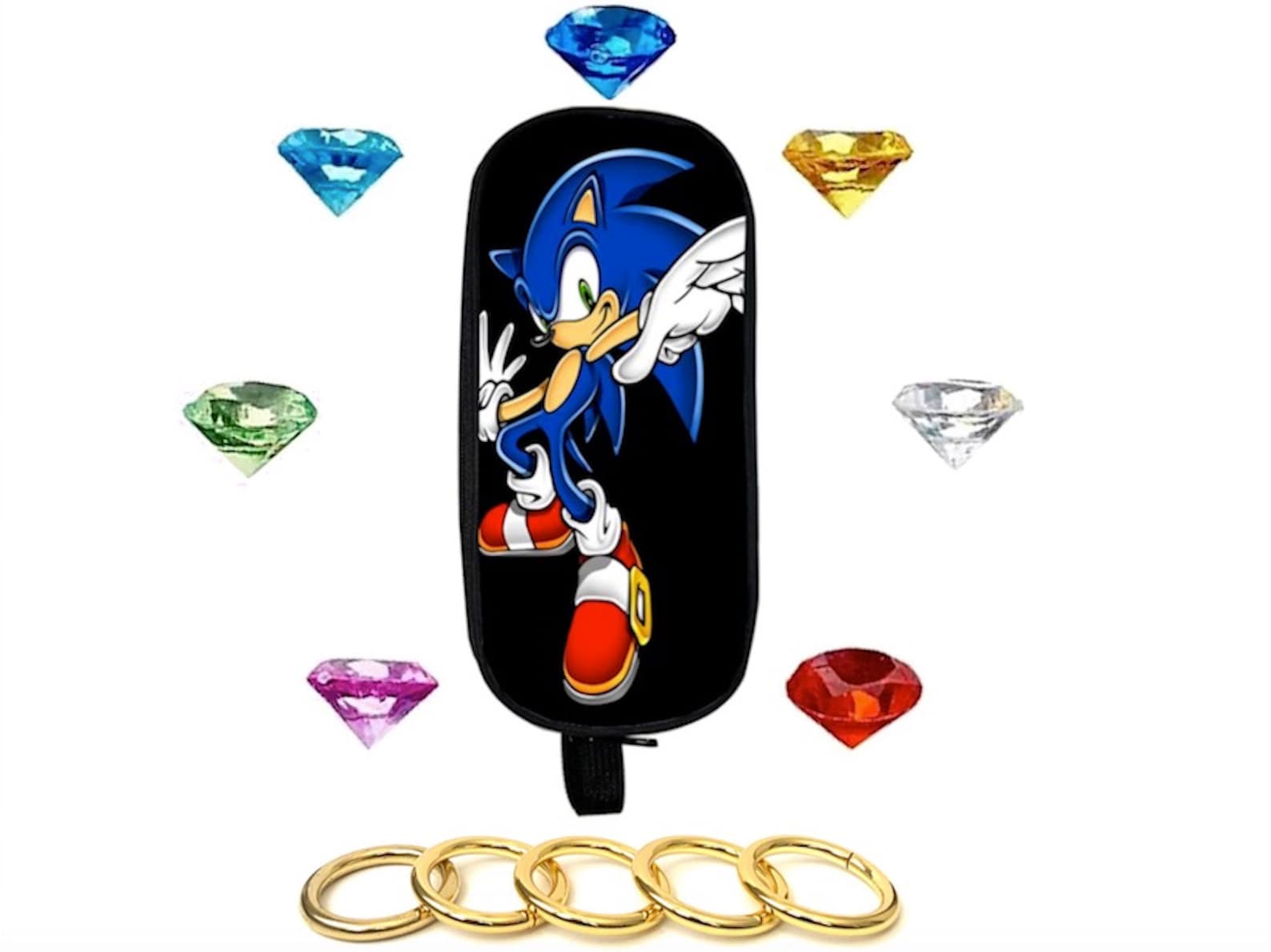 Sonic 7 Chaos Emeralds and 5 Power Rings IN Multi-purpose Sonic BAG 11 ...