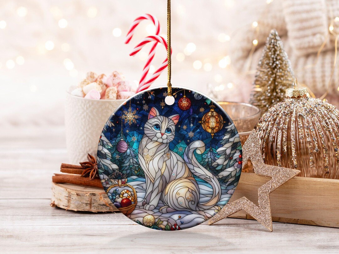 Ceramic Cat Ornament, Christmas Cat Decoration, Holiday Window Art ...
