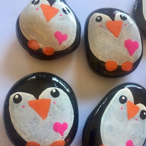 10 (3-4 Inch) Painted Penguin Rocks With Pink Hearts Valentines Day ...