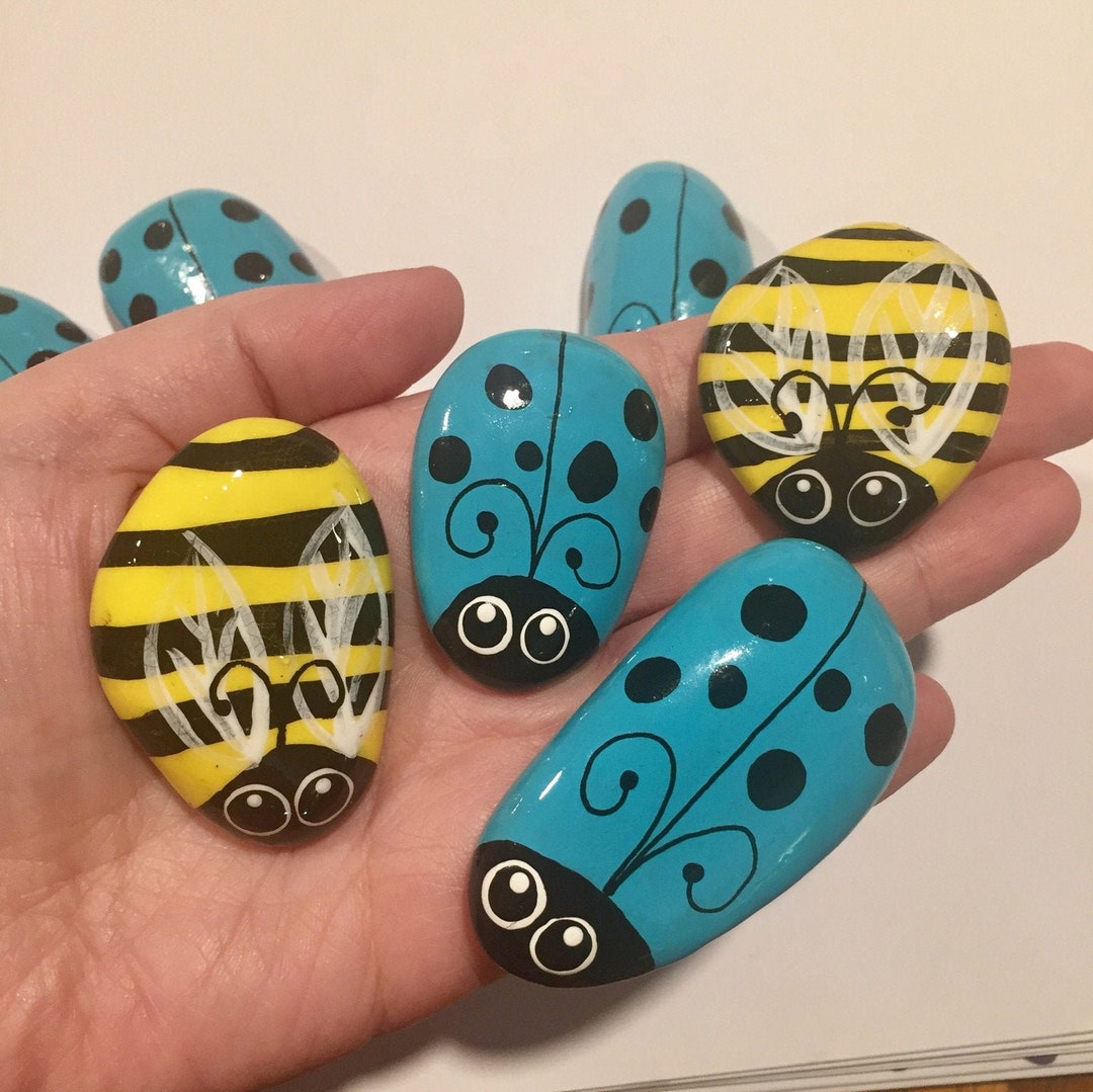 Hand Painted Bumblebee & Blue Ladybug Rocks - Set of 10 Garden Decor - Etsy