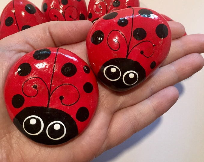 Set of TWO 2 1/2 to 3 Inch Red Ladybug Rock, Kindness Rocks, Pocket ...