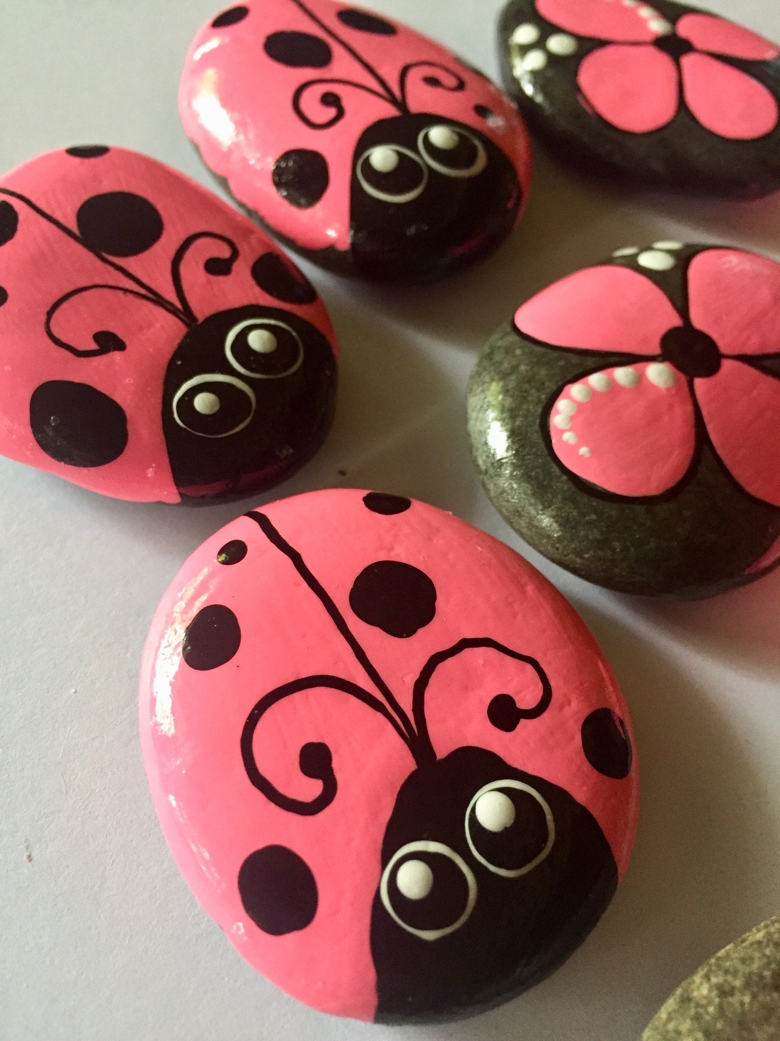 Set of 10 Pink Ladybug and Pink Flower Painted Rocks Kindness Rocks ...