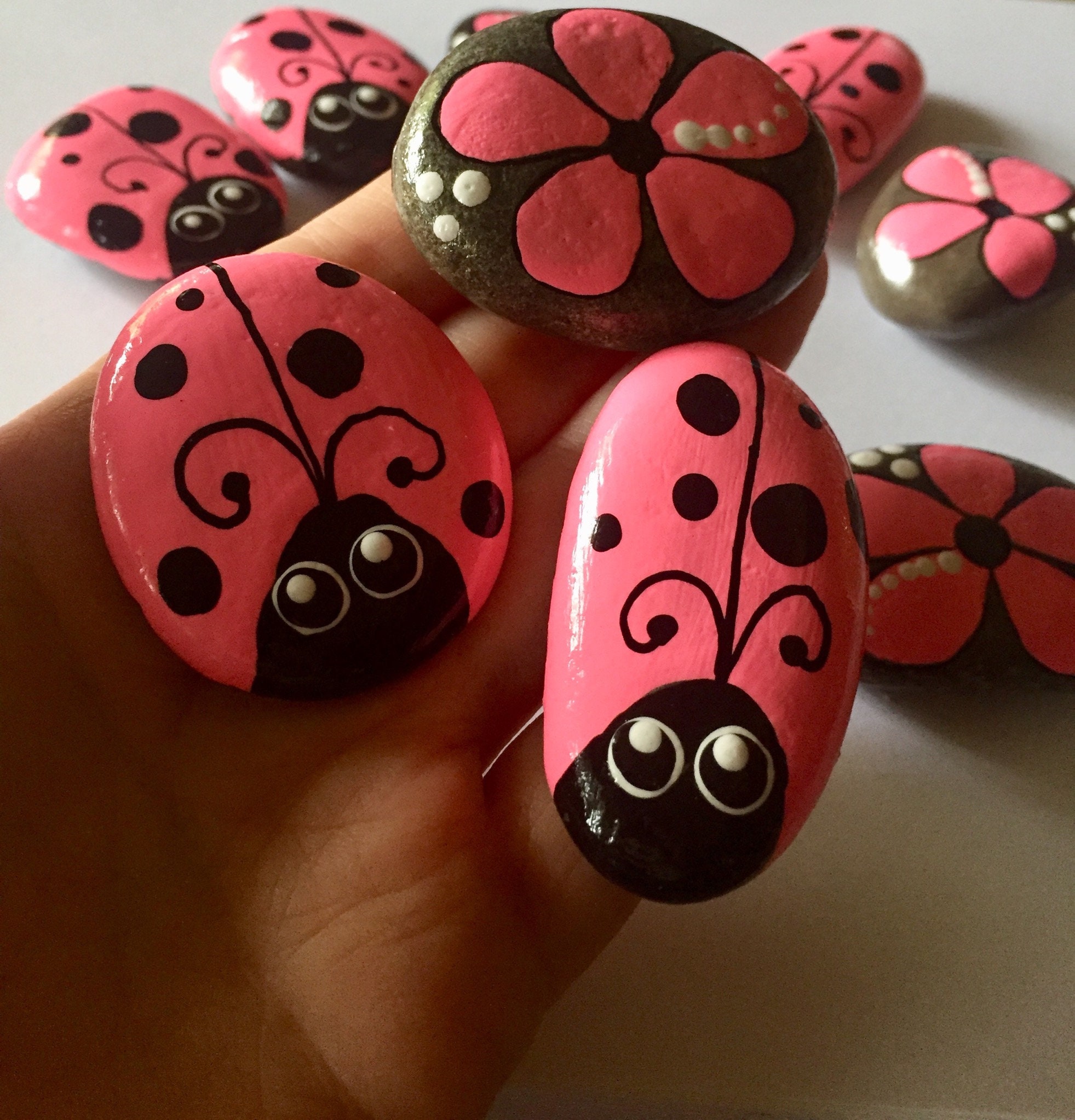 Set of 10 Pink Ladybug and Pink Flower Painted Rocks Kindness Rocks ...
