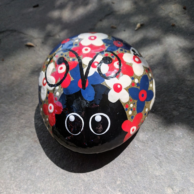 Red White & Blue Blooming Ladybug Painted Rock, Large, Paperweight ...