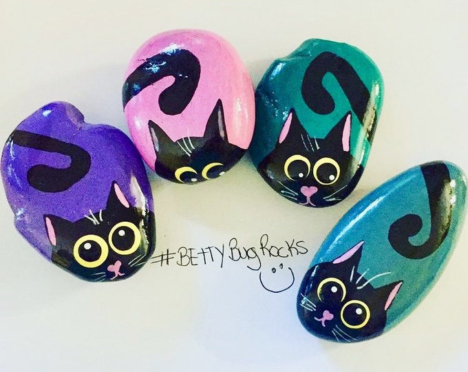 Set of 4 Adorable Black Cat Painted Rock, Garden Rock, Garden Decor ...