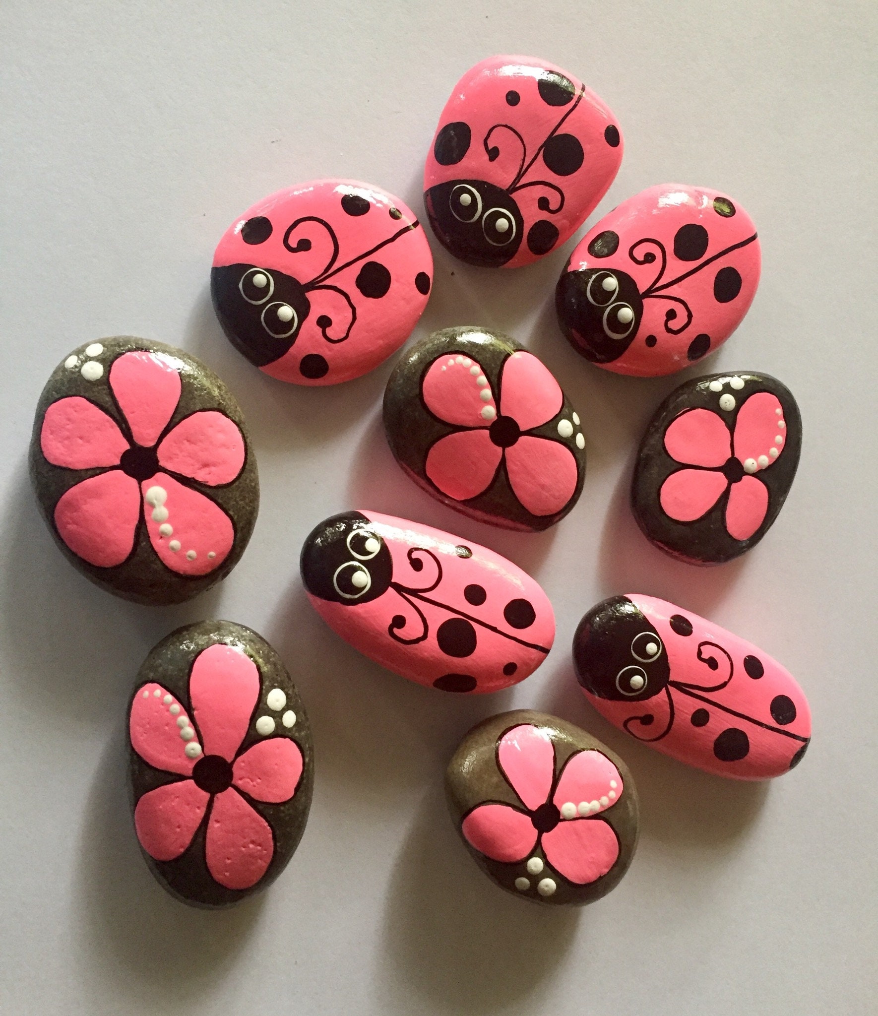 Set of 10 Pink Ladybug and Pink Flower Painted Rocks Kindness Rocks ...