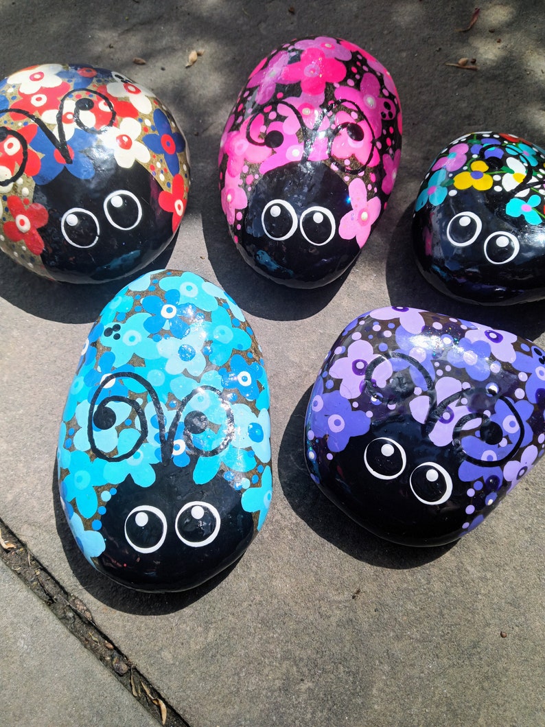 Red White & Blue Blooming Ladybug Painted Rock, Large, Paperweight ...