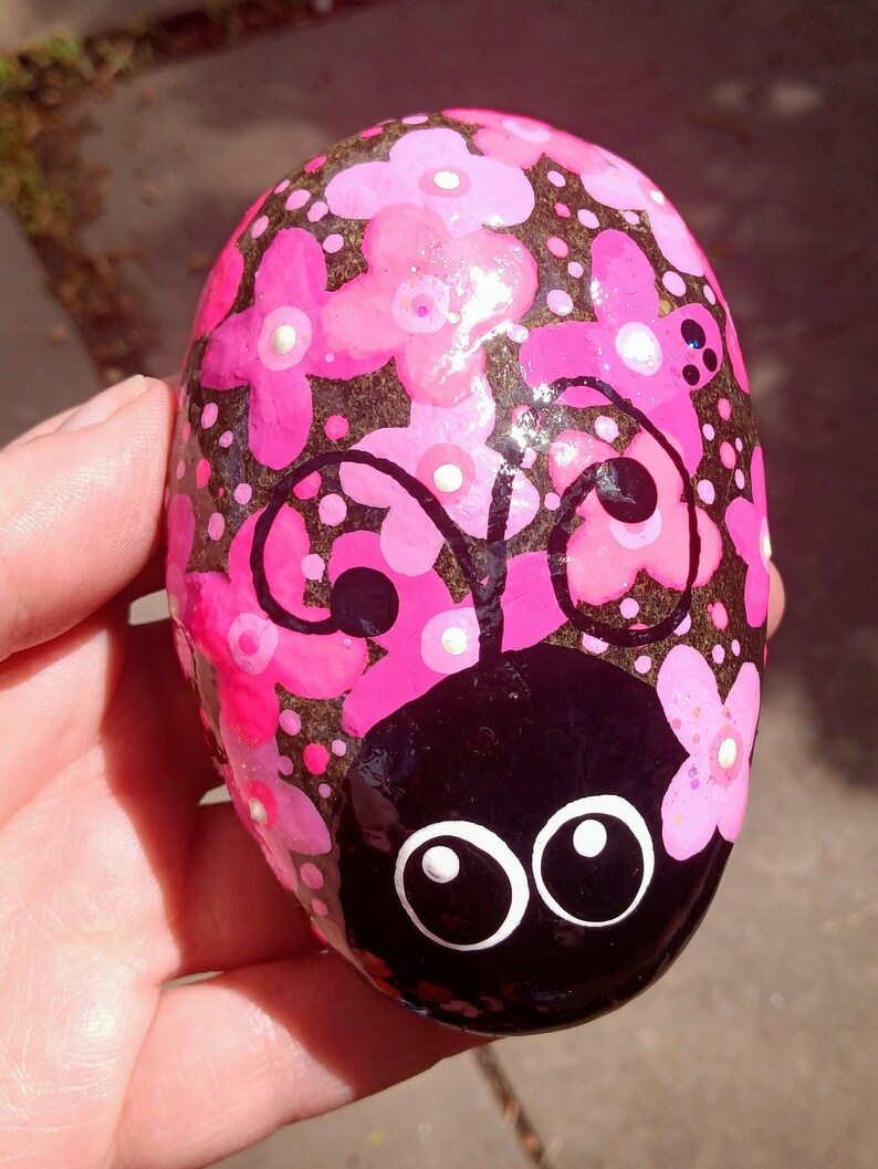 Red White & Blue Blooming Ladybug Painted Rock, Large, Paperweight ...