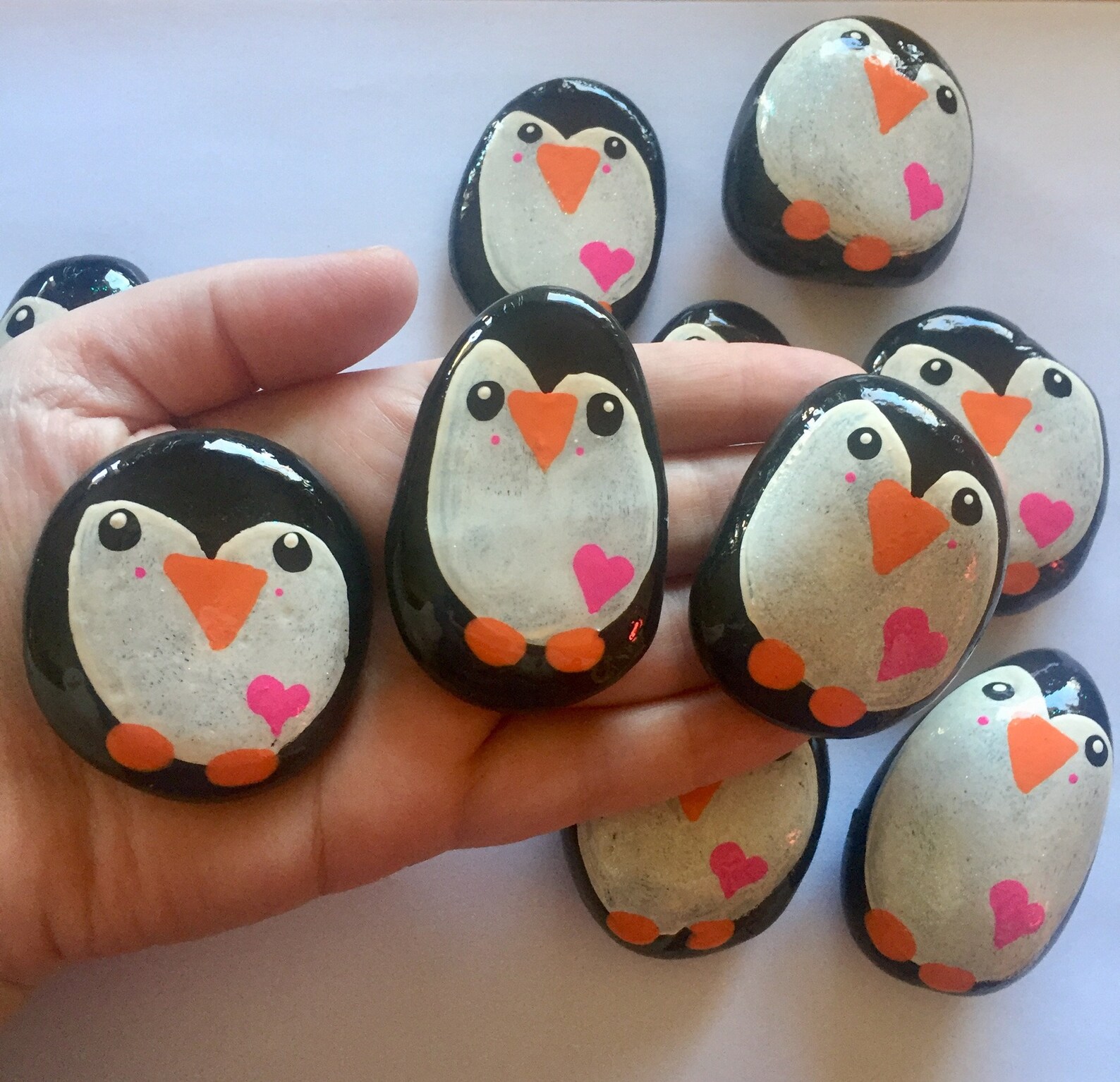 10 3-4 Inch Painted Penguin Rocks With Pink Hearts Valentines Day ...