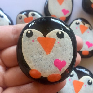 10 (3-4 Inch) Painted Penguin Rocks With Pink Hearts Valentines Day ...