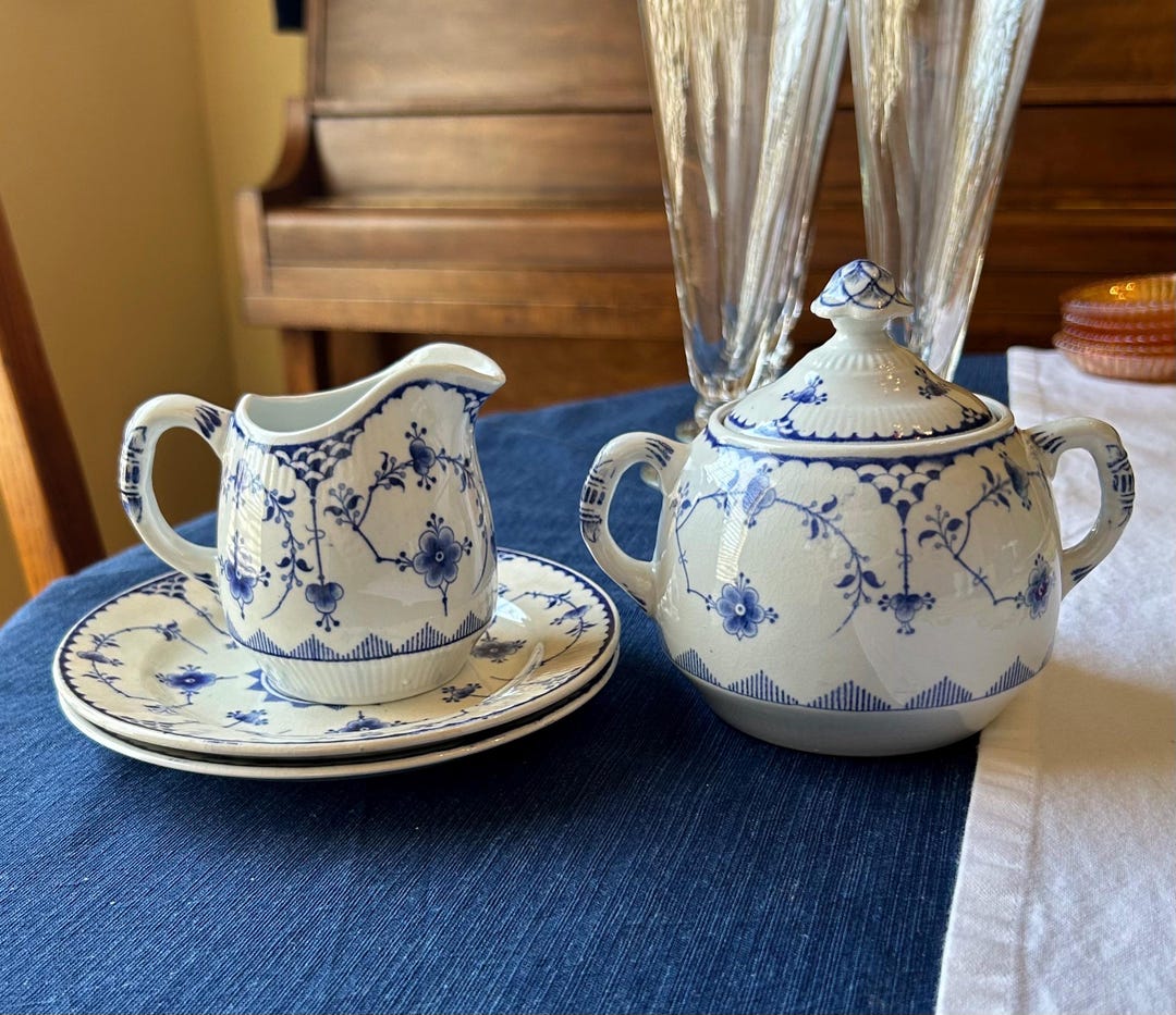 Antique FURNIVALS DENMARK BLUE Sugar, Creamer & Lunch Plates, Made in ...