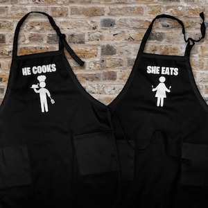 Couples Apron Set - Funny Matching Aprons, He Cooks She Eats, Matching ...