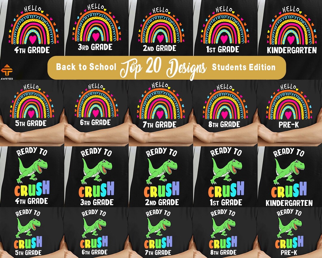 Back to School SVG Bundle: Dino T-rex, Hello Grades Pre-k-8 (digital ...