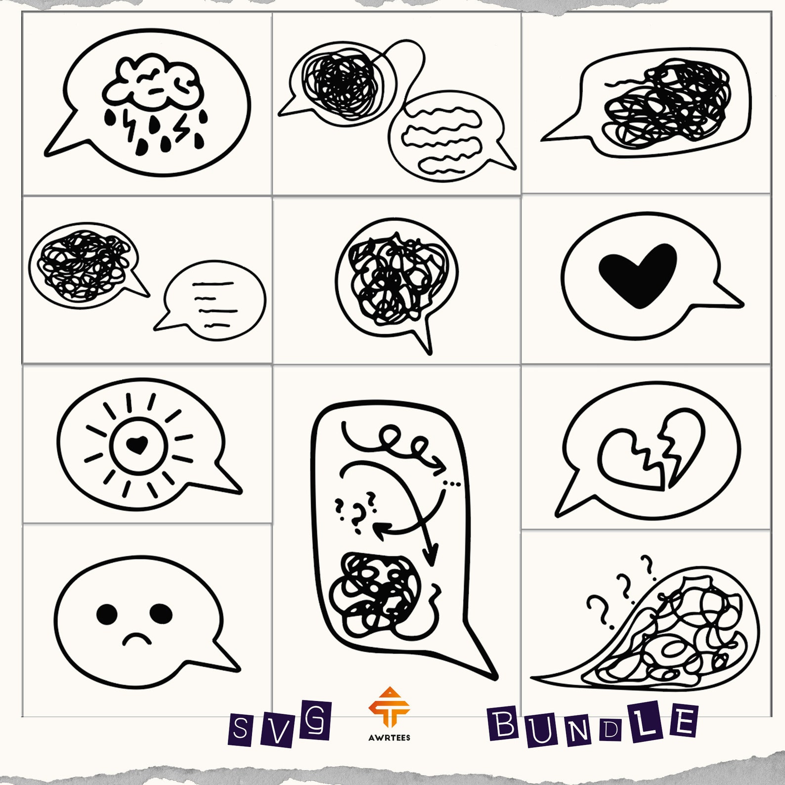 Mental Health Svg Bundle, Adhd, Confused Messed up Thoughts Bubble Line ...