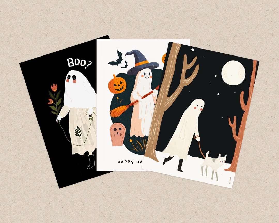 Halloween Ghost Postcards: Spooky Greetings, Set of 3 (digital Prints ...