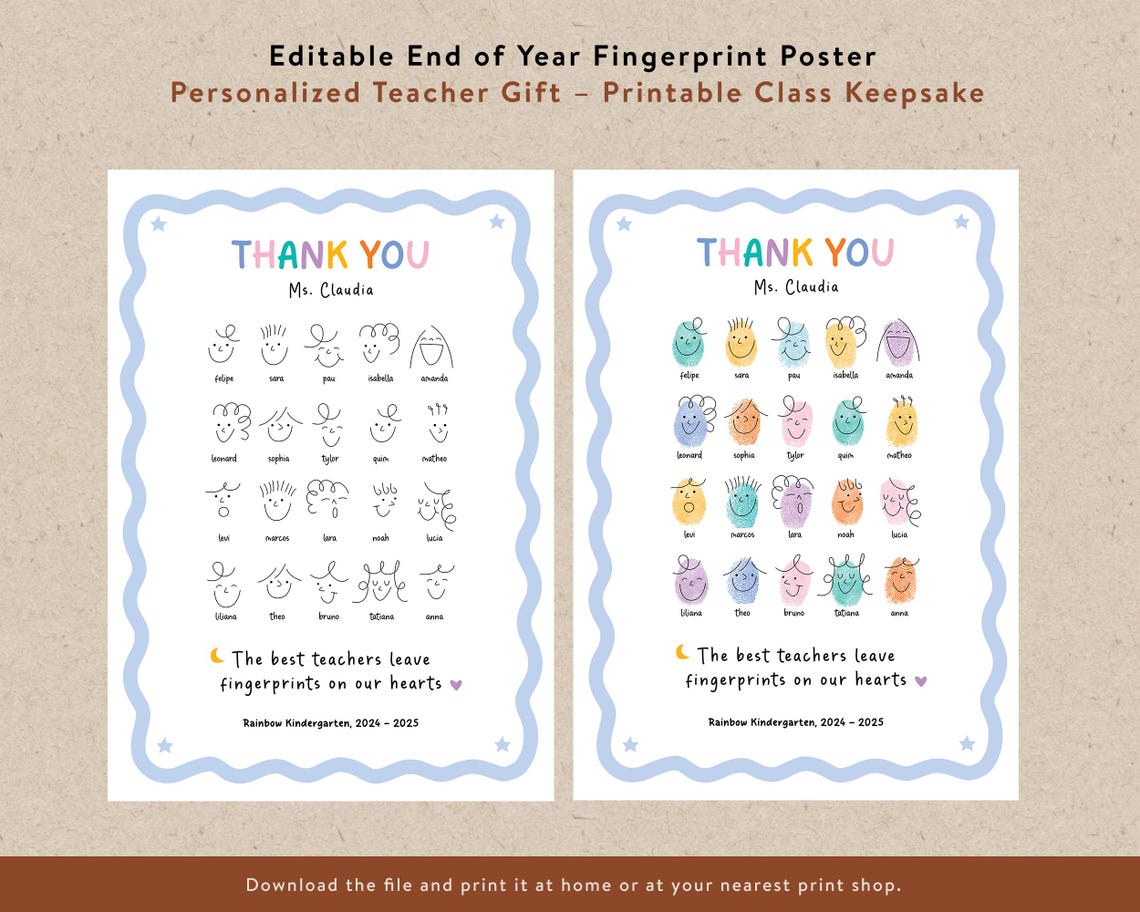 Personalized Fingerprint Teacher Appreciation Poster, Class Keepsake ...