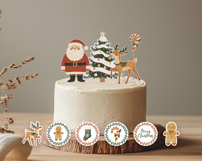 Christmas Cake Cupcake Topper Printable, DIY Holiday Cake Decor, Santa ...