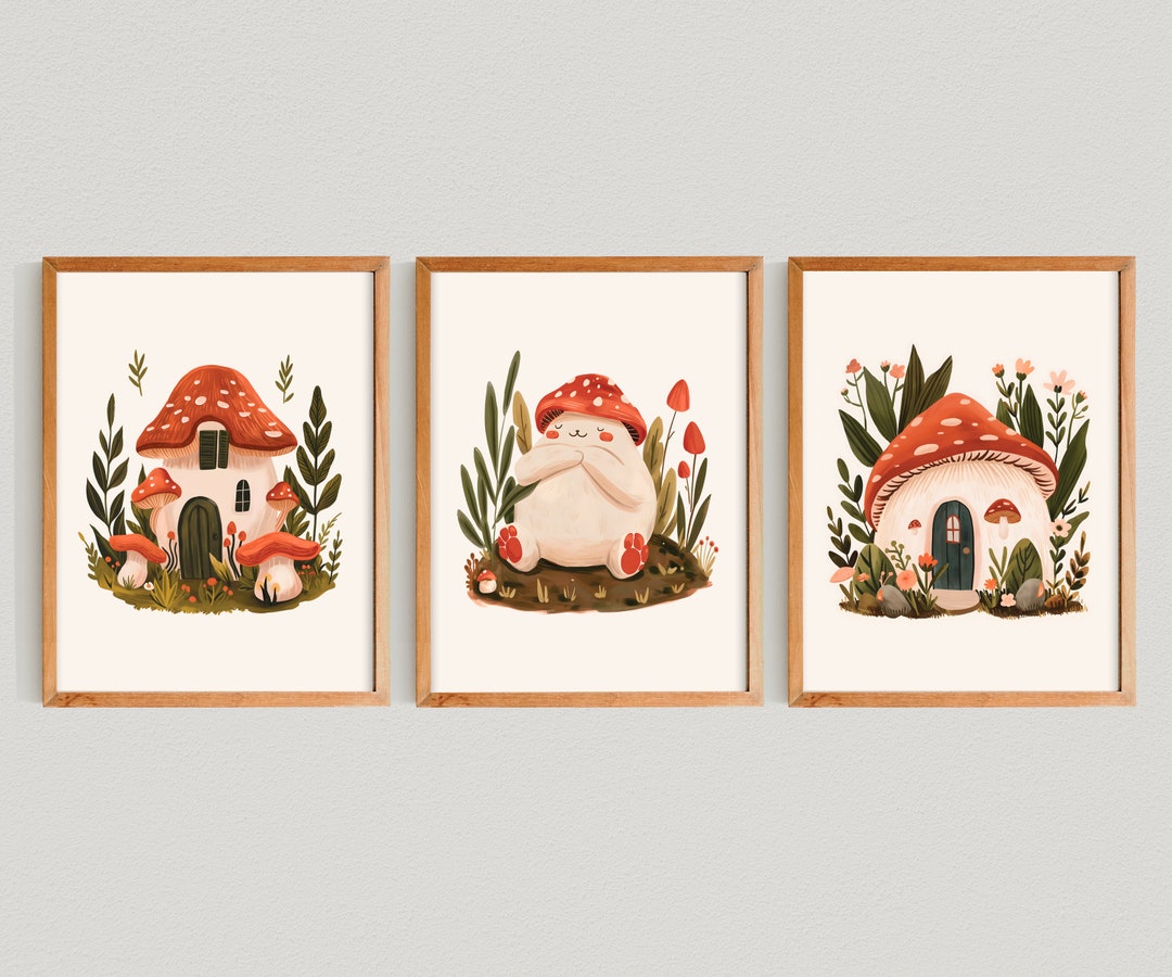 Boho Mushroom Nursery Art, Print Set of 3, Magic Mushrooms Print ...