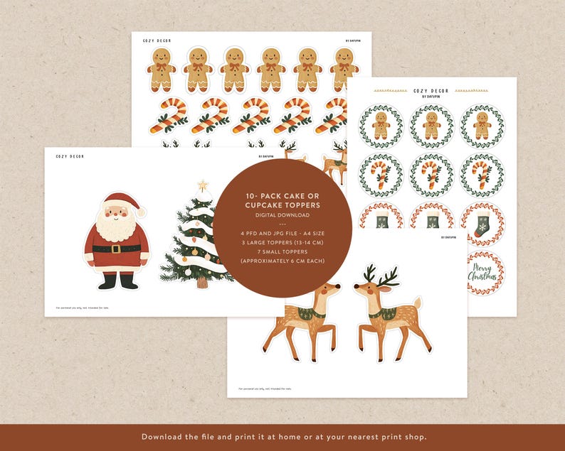 Christmas Cake Cupcake Topper Printable, DIY Holiday Cake Decor, Santa ...