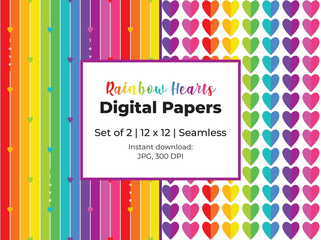 Rainbow Hearts Seamless Digital Paper | Rainbow Stripes Scrapbook Paper ...