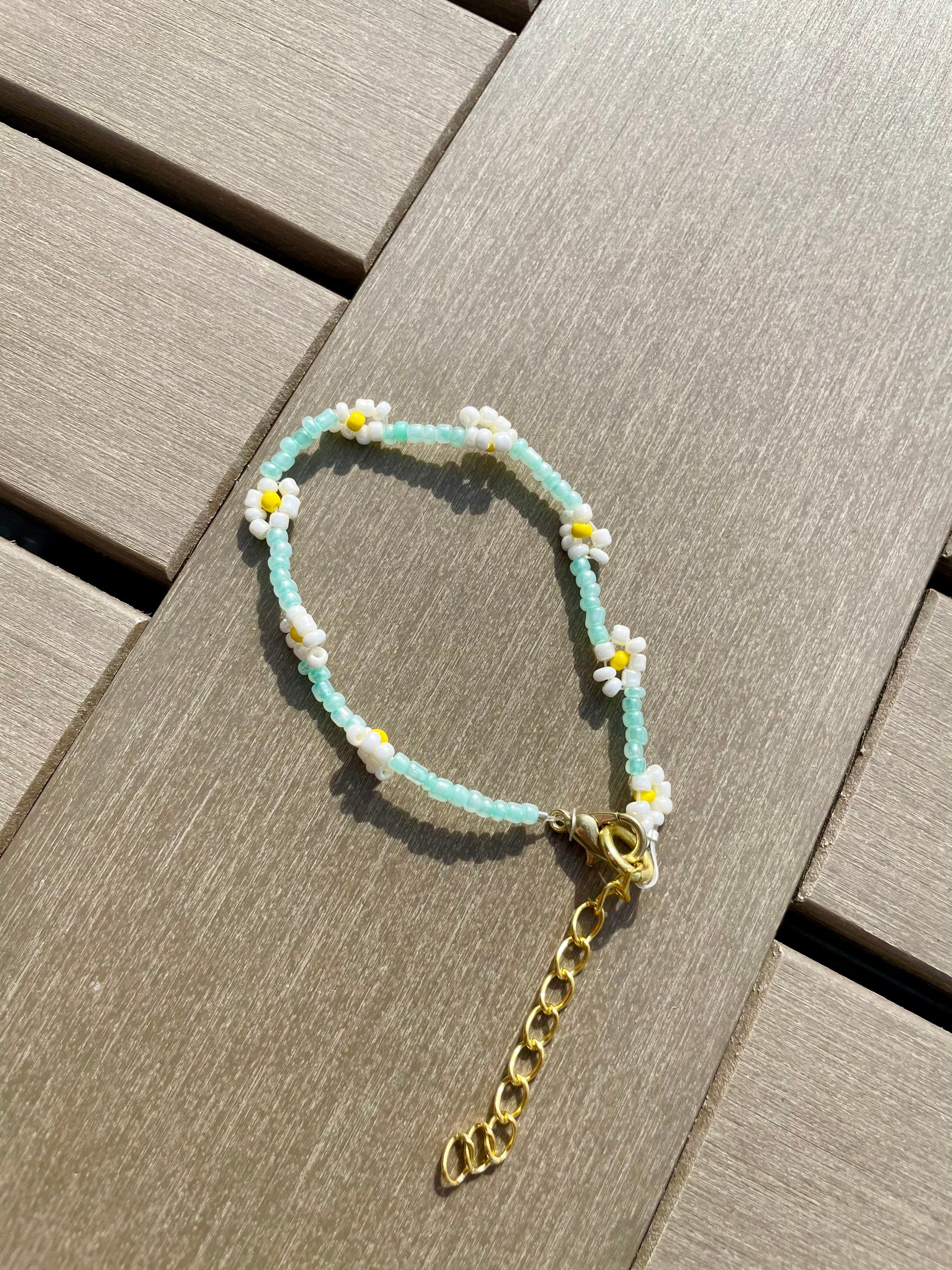 Small White and Yellow Daisy Chain with Small Aqua Blue Spaces | Etsy