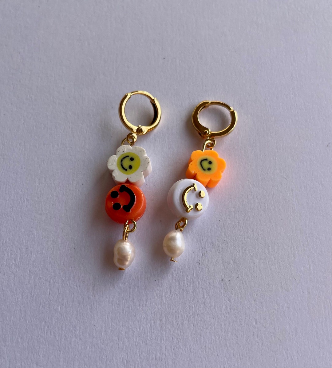 White and Orange Smiley Face and Flower With Dangle Pearl Beaded Small ...