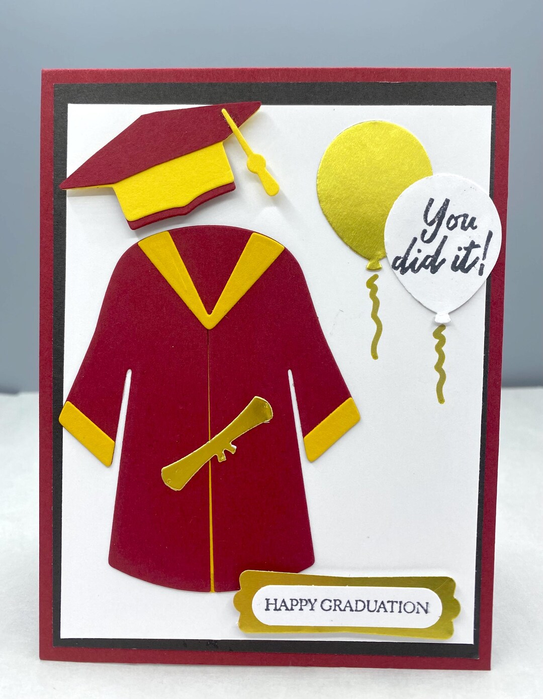 Graduation Card, Red and Gold, Balloons, Congratulations, Cap and Gown ...