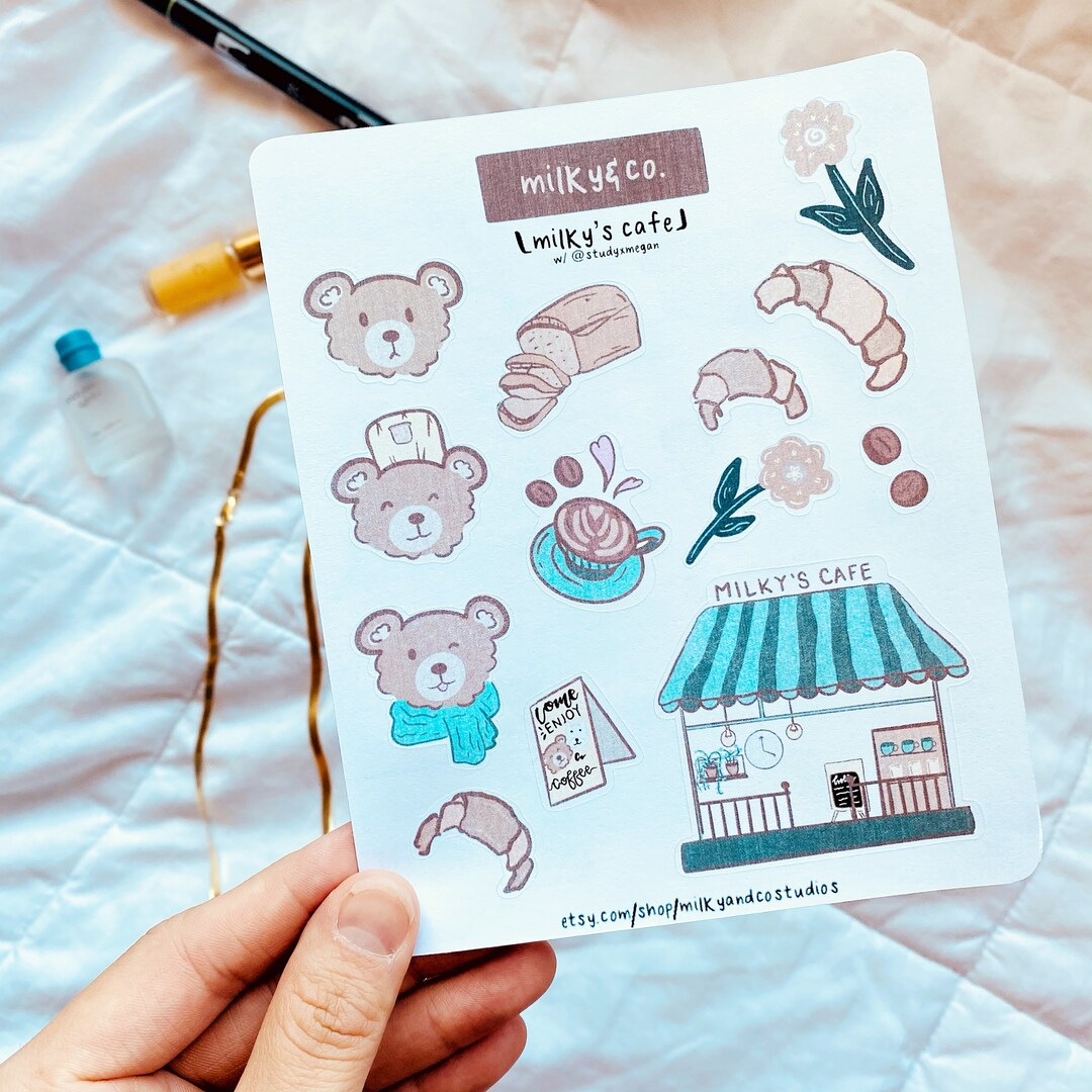 Milky's Cafe Sticker Sheet, Cute Bears Sticker Sheet, Cafe Stickers ...