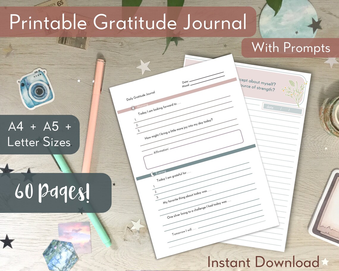 Printable Daily Gratitude Journal with Prompts PDF 5 Min | Etsy