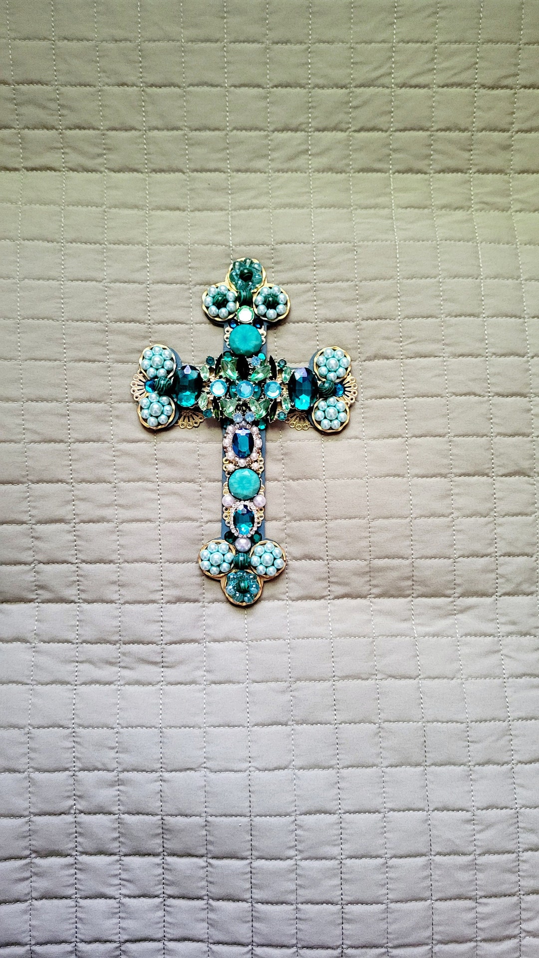Handmade Blue and Green Cross, Jeweled Wall Cross, Original Art Wall ...
