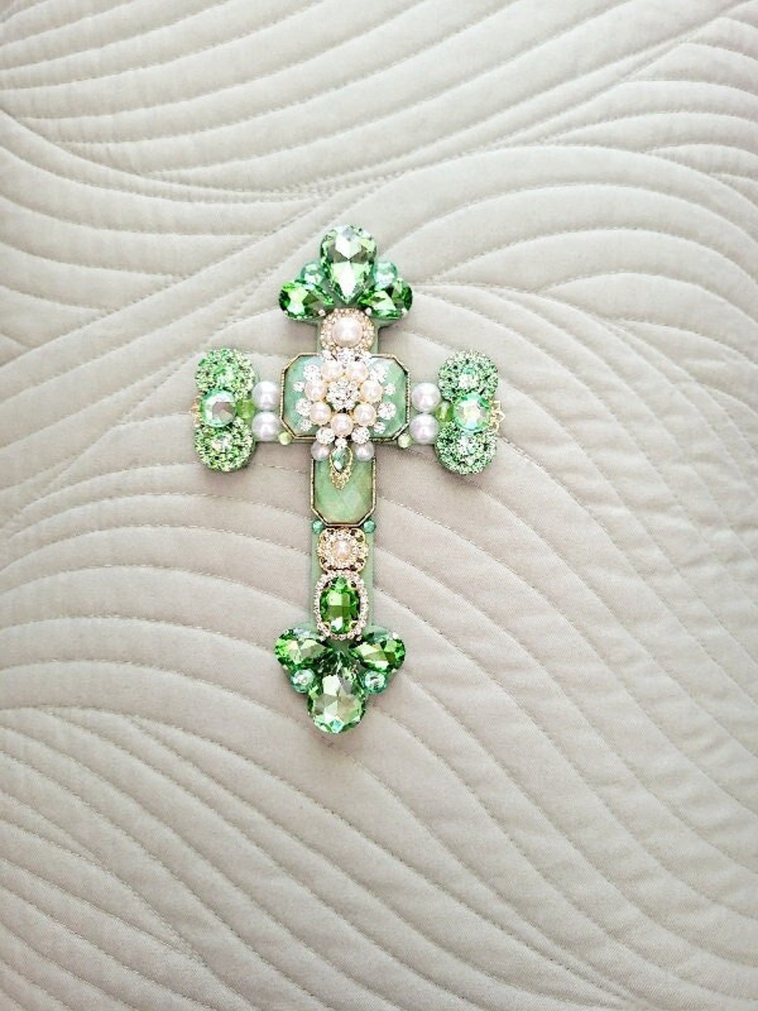 Handmade Green Jeweled Cross, August Birthstone Cross, Original Wall ...