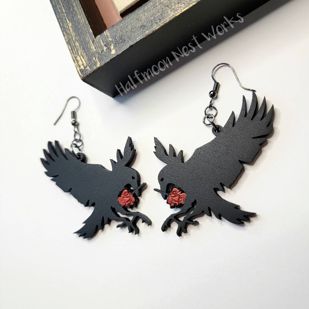 Flying Raven Earrings, Raven and Rose Dangle Earrings, Gothic Jewelry ...