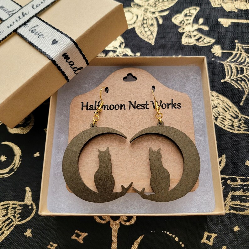 Personalized Cat on Moon Earrings, Laser Cut Maple Wood, Witchy Black ...