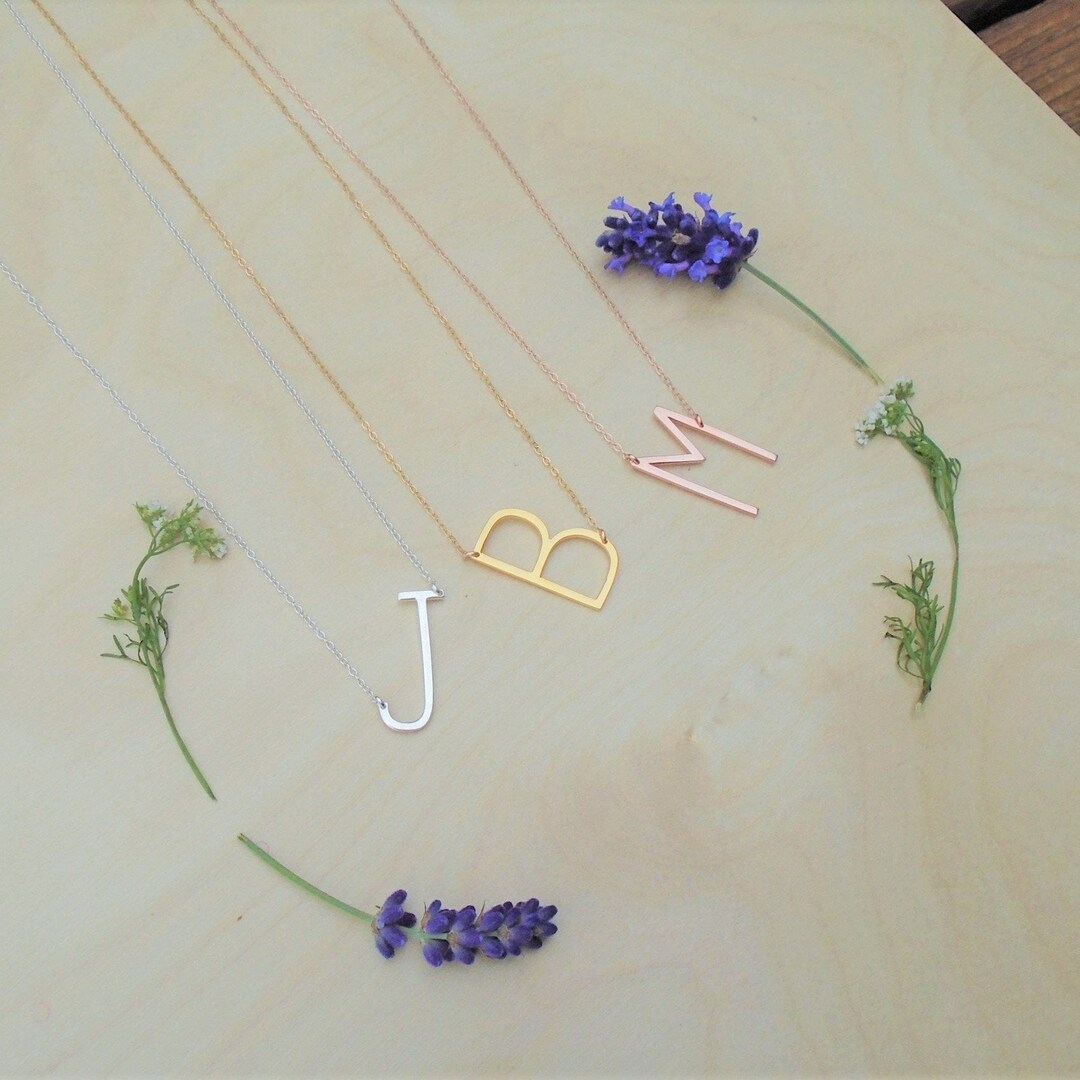 Real Sterling Silver Asymmetrical Large Initial Necklace, Large Sideway ...