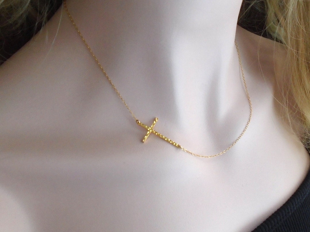 Skinny Sideway Cross Necklace, Hammered Long Skinny Cross Necklace ...