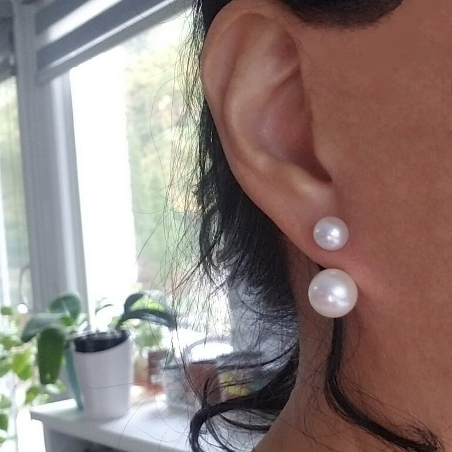 Elegant Modern Chic Real Natural Button Pearl Ear Jacket Earrings ...